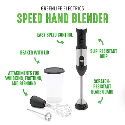 GreenLife Immersion Electric Handheld Stick Blender with Stainless Steel Blades, Whisk, Frother, Measuring Cup and Lid, Soups, Puree, Cake, Multi-Speed Control, Portable, Black