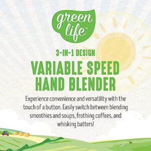 GreenLife Immersion Electric Handheld Stick Blender with Stainless Steel Blades, Whisk, Frother, Measuring Cup and Lid, Soups, Puree, Cake, Multi-Speed Control, Portable, Black