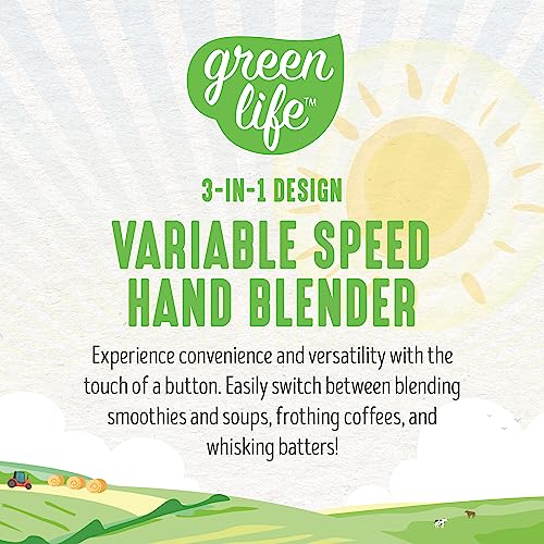 GreenLife Immersion Electric Handheld Stick Blender with Stainless Steel Blades, Whisk, Frother, Measuring Cup and Lid, Soups, Puree, Cake, Multi-Speed Control, Portable, Black