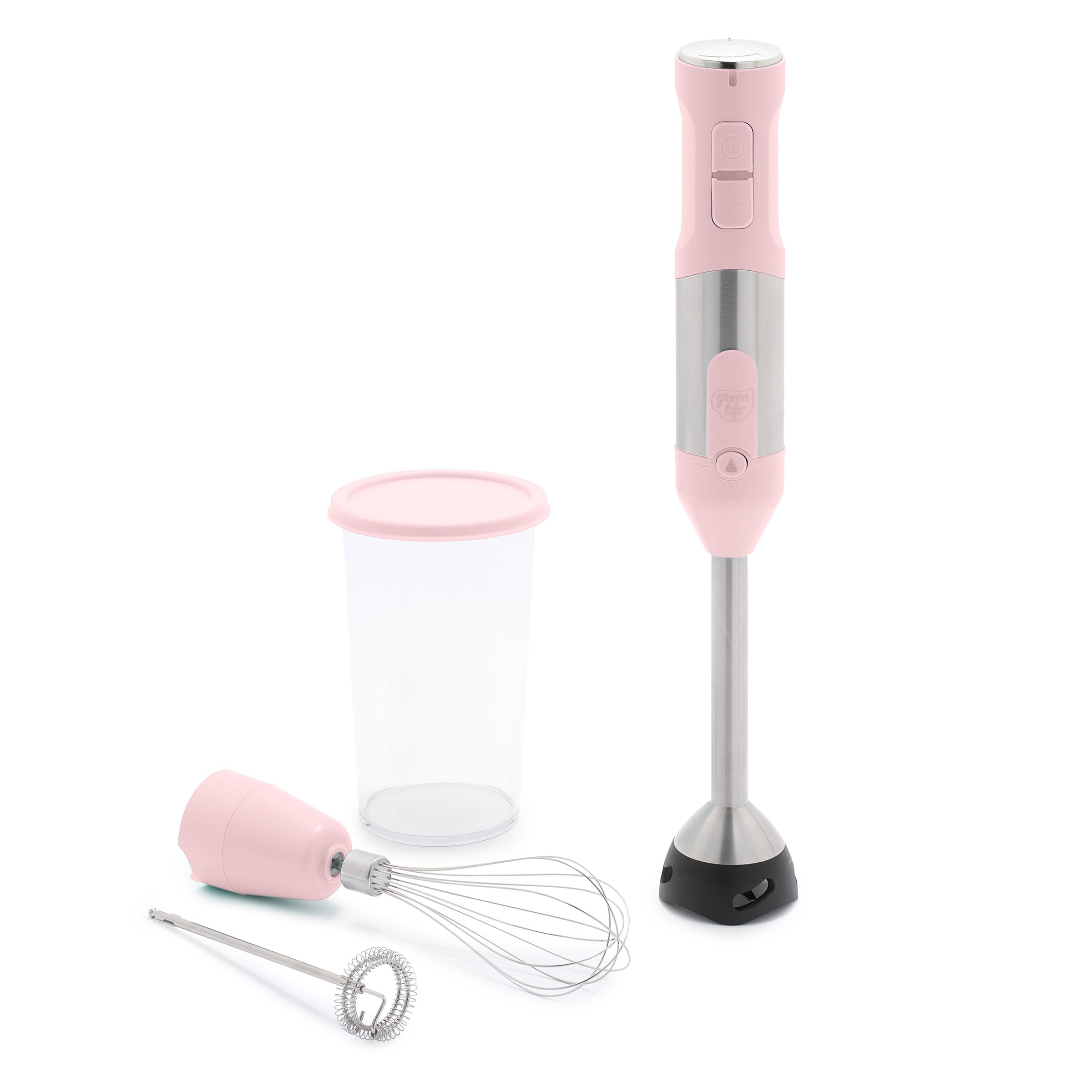 GreenLife Immersion Electric Handheld Stick Blender with Stainless Steel Blades, Whisk, Frother, Measuring Cup and Lid, Soups, Puree, Cake, Multi-Speed Control, Portable, Pink