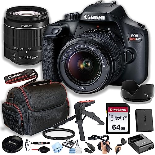 Canon EOS Rebel T100 (EOS 4000D) DSLR Camera w/EF-S 18-55mm F/3.5-5.6 Zoom Lens + 64GB Memory Card, Case, Hood, Grip-Pod, Filter Professional Photo Bundle