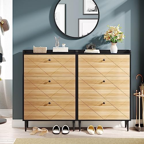 Freestanding Shoe Rack Organizer Shoe Storage Cabinet with 3 Flip Down Drawers for Entryway Hallway Closet Wood Grain/Black Black Yellow Metal Finish Adjustable Shelving Includes Hardware