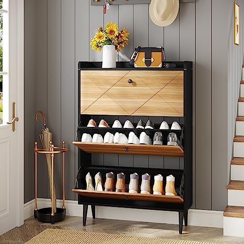 Freestanding Shoe Rack Organizer Shoe Storage Cabinet with 3 Flip Down Drawers for Entryway Hallway Closet Wood Grain/Black Black Yellow Metal Finish Adjustable Shelving Includes Hardware