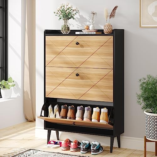 Freestanding Shoe Rack Organizer Shoe Storage Cabinet with 3 Flip Down Drawers for Entryway Hallway Closet Wood Grain/Black Black Yellow Metal Finish Adjustable Shelving Includes Hardware