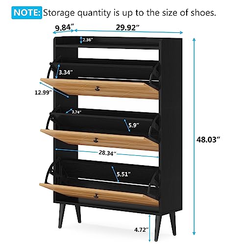 Freestanding Shoe Rack Organizer Shoe Storage Cabinet with 3 Flip Down Drawers for Entryway Hallway Closet Wood Grain/Black Black Yellow Metal Finish Adjustable Shelving Includes Hardware