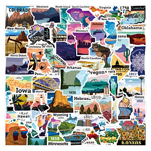 United States Map Stickers, Travel USA Map Stickers Pack, 50Pcs Funimost Waterproof Vinyl Stickers for Water Bottles Laptop Guitar Computer Phone Scrapbook Car Decals, Graffiti Stickers for Kids Teens Adults (Map)