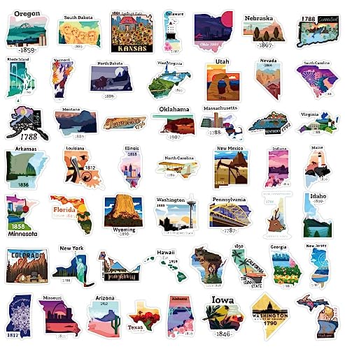 United States Map Stickers, Travel USA Map Stickers Pack, 50Pcs Funimost Waterproof Vinyl Stickers for Water Bottles Laptop Guitar Computer Phone Scrapbook Car Decals, Graffiti Stickers for Kids Teens Adults (Map)