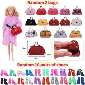 21 pcs 11.5 Inch Doll Clothes Fur Coat Winter Clothes and Accessories Includes 6 Sets Doll Fashion Clothes, 10 Pairs Doll Shoes, 2 Doll Bags for 30cm Girl Dolls Casual Doll Outfits Random Colors