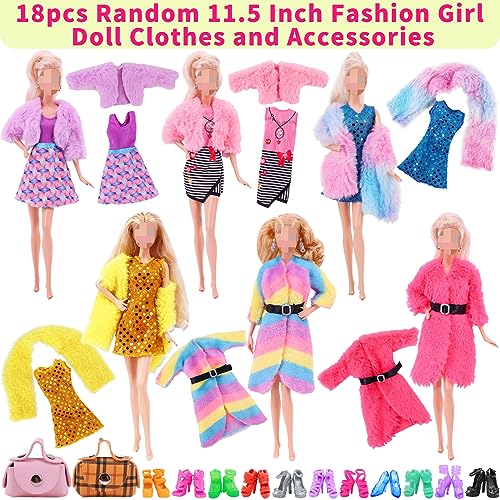 21 pcs 11.5 Inch Doll Clothes Fur Coat Winter Clothes and Accessories Includes 6 Sets Doll Fashion Clothes, 10 Pairs Doll Shoes, 2 Doll Bags for 30cm Girl Dolls Casual Doll Outfits Random Colors