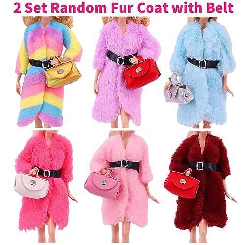 21 pcs 11.5 Inch Doll Clothes Fur Coat Winter Clothes and Accessories Includes 6 Sets Doll Fashion Clothes, 10 Pairs Doll Shoes, 2 Doll Bags for 30cm Girl Dolls Casual Doll Outfits Random Colors