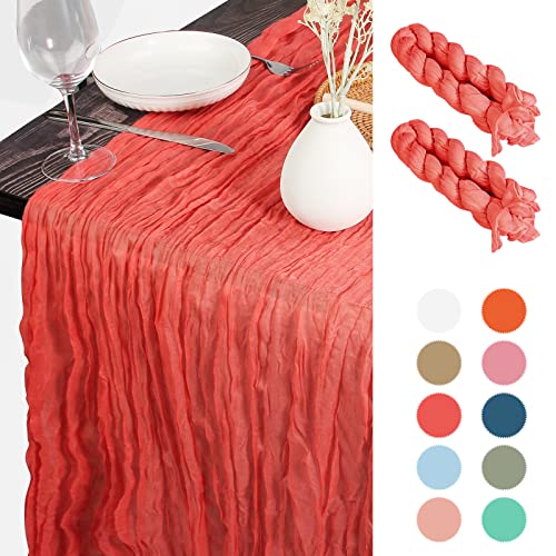 SGAOFIEE 10ft Peach Red Coral Cheesecloth Table Runner,35x120 inches Boho Table Runner,Rustic Sheer Table Decor for Romantic Bridal Shower, Baby Shower, Birthday Party Cake Table(Peach Red Coral)