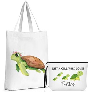 Sieral 2 Pieces Turtle Gifts for Women Turtle Lover Gifts Travel Cosmetic Bags Turtle Portable Makeup Zipper Pouch and Canvas Tote Bag Reusable Turtle Gifts for Girl Woman Lady