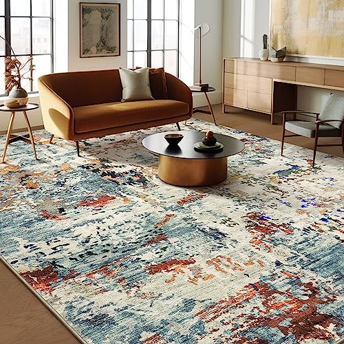 Area Rug Living Room Rugs - 5x7 Washable Large Modern Abstract Soft No Slip Indoor Rug Thin Floor Carpet for Bedroom Under Dining Table Home Office Decor - Blue