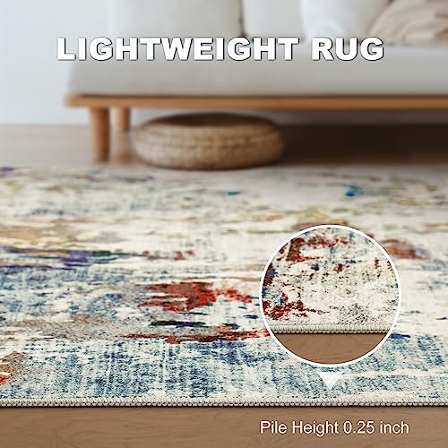 Area Rug Living Room Rugs - 5x7 Washable Large Modern Abstract Soft No Slip Indoor Rug Thin Floor Carpet for Bedroom Under Dining Table Home Office Decor - Blue