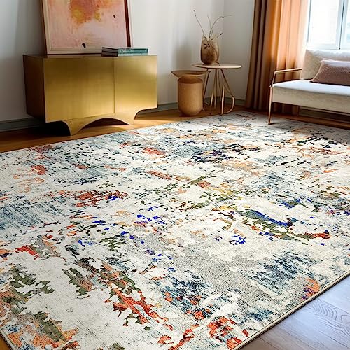 Area Rug Living Room Rugs - 5x7 Washable Large Modern Abstract Soft No Slip Indoor Rug Thin Floor Carpet for Bedroom Under Dining Table Home Office Decor - Blue