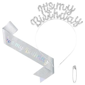 bahaby birthday crowns for women, it's my birthday sash & birthday headband set princess birthday sash and rhinestone tiara birthday gifts for women girls sweet happy birthday accessories for party- silver