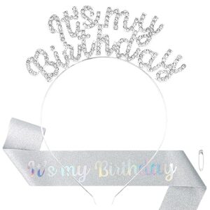 BAHABY Birthday Crowns for Women, It's My Birthday Sash & Birthday Headband Set Princess Birthday Sash and Rhinestone Tiara Birthday Gifts for Women Girls Sweet Happy Birthday Accessories for Party- Silver