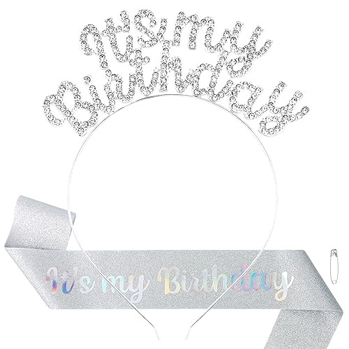 BAHABY Birthday Crowns for Women, It's My Birthday Sash & Birthday Headband Set Princess Birthday Sash and Rhinestone Tiara Birthday Gifts for Women Girls Sweet Happy Birthday Accessories for Party- Silver