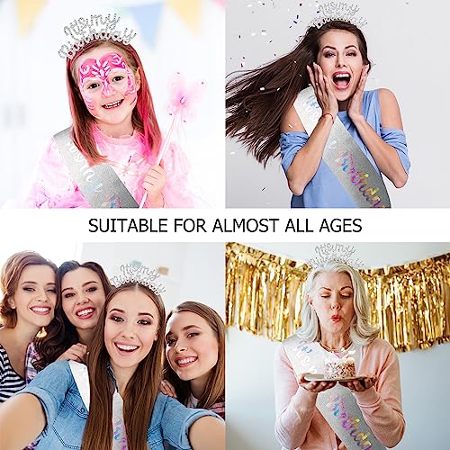 BAHABY Birthday Crowns for Women, It's My Birthday Sash & Birthday Headband Set Princess Birthday Sash and Rhinestone Tiara Birthday Gifts for Women Girls Sweet Happy Birthday Accessories for Party- Silver