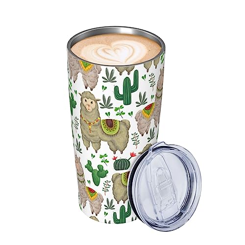 20oz Insulated Coffee Tumbler With Straw Stainless Steel Swig Tumblers,Travel Mugs Insulated For Hot And Cold,Reusable Thermal Water Bottle Cup For Car Camping Exercise（Llama Animal Cactus Floral ）