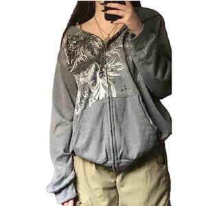 winioder women y2k zip up hoodie vintage graphic oversized hoodies grunge aesthetic sweatshirt jacket skeleton gothic hoodie (b-grey,x-large)