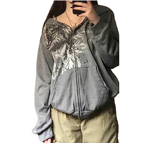 Winioder Women Y2K Zip Up Hoodie Vintage Graphic Oversized Hoodies Grunge Aesthetic Sweatshirt Jacket Skeleton Gothic Hoodie (B-Grey,X-Large)