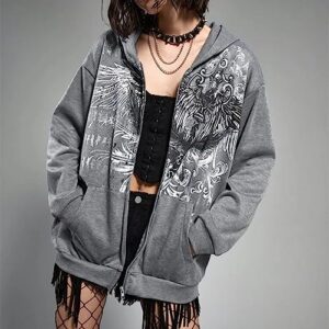 Winioder Women Y2K Zip Up Hoodie Vintage Graphic Oversized Hoodies Grunge Aesthetic Sweatshirt Jacket Skeleton Gothic Hoodie (B-Grey,X-Large)