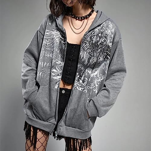 Winioder Women Y2K Zip Up Hoodie Vintage Graphic Oversized Hoodies Grunge Aesthetic Sweatshirt Jacket Skeleton Gothic Hoodie (B-Grey,X-Large)