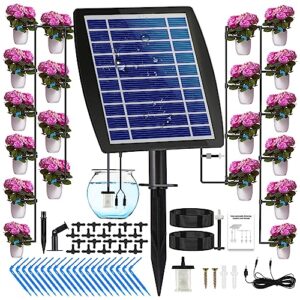 solar drip irrigation kit system with 12 timer modes & anti-siphoning device, nvrgiup solar powered indoor outdoor automatic plant waterer built-in 2200 mah battery & enlarged solar panel vacation auto garden watering system for 20-30 potted plants in gre