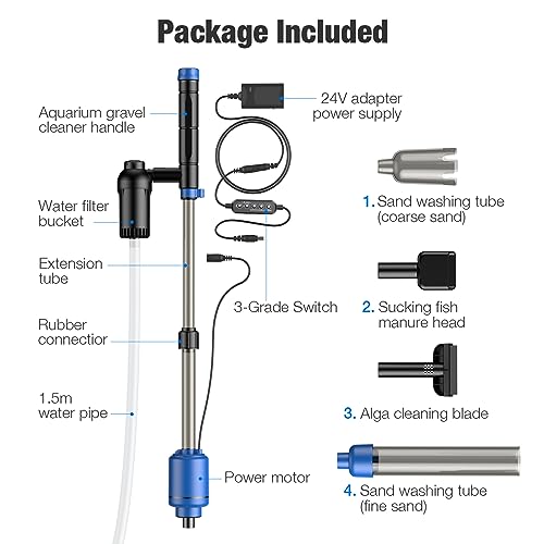 Electric Aquarium Gravel Cleaner Pro, Fish Tank Gravel Cleaner, 6 in 1 Automatic Aquarium Vacuum Cleaner Kit for Water Changing/Wash Sand with Adjustable Water Flow, DC 24V, 24W【3-Grade Control】