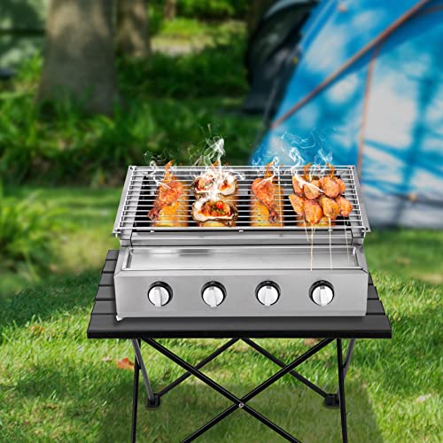 Commercial Gas BBQ Grill w/Stainless Steel Griddle 4 Burners Stainless Steel LPG Grill Restaurant Barbecue Stove Portable Barbecue Stove Kebab Roasting Machine For Outdoor Camping Smokeless