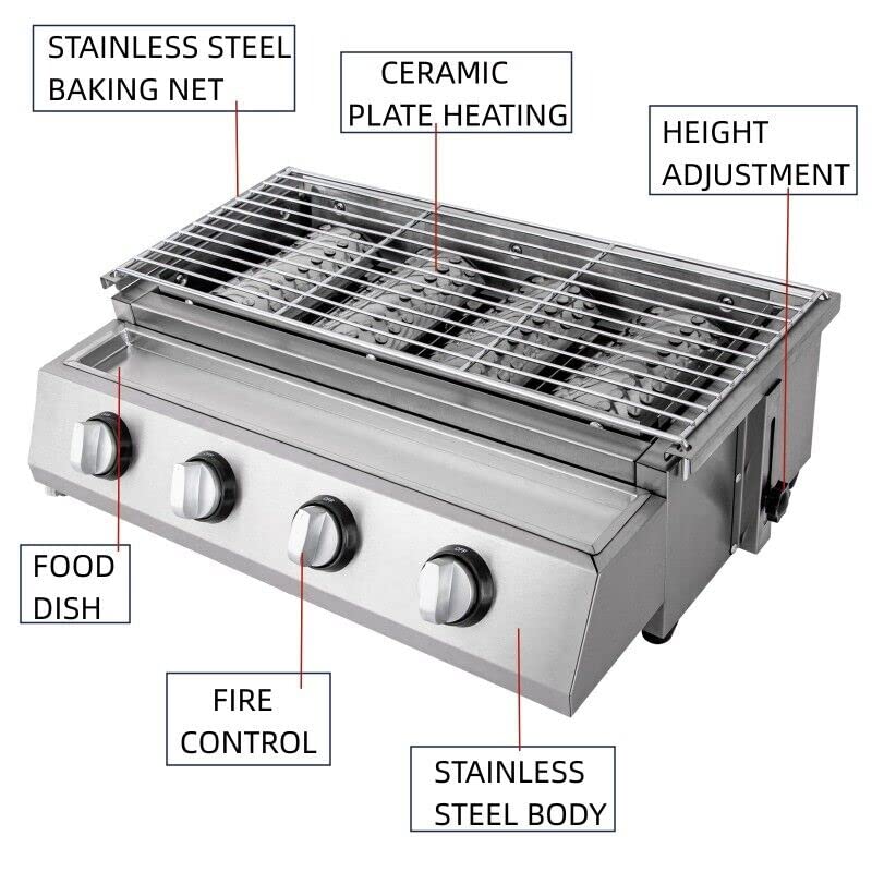 Commercial Gas BBQ Grill w/Stainless Steel Griddle 4 Burners Stainless Steel LPG Grill Restaurant Barbecue Stove Portable Barbecue Stove Kebab Roasting Machine For Outdoor Camping Smokeless