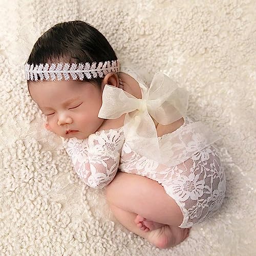 Ylsteed Newborn Photography Outfits Girl Newborn Photography Props Lace Romper Newborn Baby Photo Shoot Outfits Girls Photo Props (Wheat Headband+White Set)