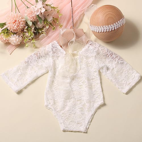 Ylsteed Newborn Photography Outfits Girl Newborn Photography Props Lace Romper Newborn Baby Photo Shoot Outfits Girls Photo Props (Wheat Headband+White Set)