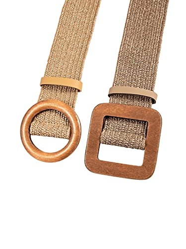 Verdusa Women's 2 Pack Buckle Elastic Straw Belts Boho Waist Belt Brown 100