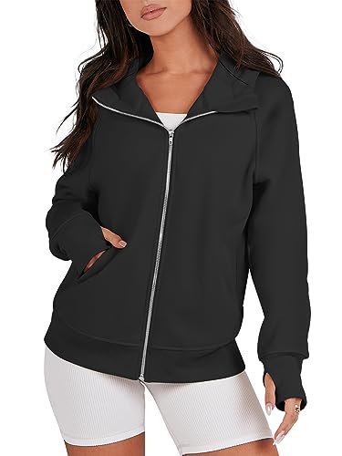 ANRABESS Women's Hoodies 2023 Fall Jacket Cropped Hooded Sweater Casual Long Sleeve Sweatshirts Full Zip Up Trendy Clothes Teen Girl Y2K Winter Cute Tops 1128heise-M Black