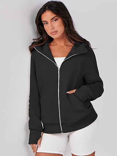 ANRABESS Women's Hoodies 2023 Fall Jacket Cropped Hooded Sweater Casual Long Sleeve Sweatshirts Full Zip Up Trendy Clothes Teen Girl Y2K Winter Cute Tops 1128heise-M Black