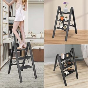 3 Step Ladder, Black Aluminum Ladder,330lbs Load Capacity, Folding Step Stool with Wide Anti-Slip Pedal,Lightweight and Portable for Home&Kitchen Space Saving.