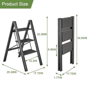 3 Step Ladder, Black Aluminum Ladder,330lbs Load Capacity, Folding Step Stool with Wide Anti-Slip Pedal,Lightweight and Portable for Home&Kitchen Space Saving.