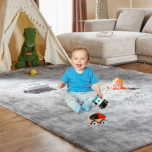 Ultra Soft Indoor Modern Area Rugs, 5x7 Tie-Dyed Light Grey Large Area Rugs for Living Room, Fluffy Shag Fuzzy Soft Carpet for Bedroom, Kids Home Decor Aesthetic, Nursery, Upgrade Anti-Skid Durable