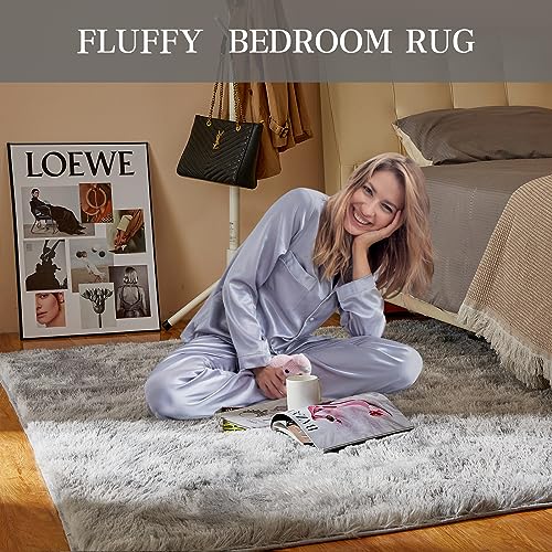 Ultra Soft Indoor Modern Area Rugs, 5x7 Tie-Dyed Light Grey Large Area Rugs for Living Room, Fluffy Shag Fuzzy Soft Carpet for Bedroom, Kids Home Decor Aesthetic, Nursery, Upgrade Anti-Skid Durable