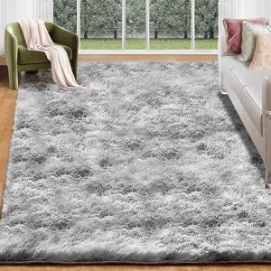 Ultra Soft Indoor Modern Area Rugs, 5x7 Tie-Dyed Light Grey Large Area Rugs for Living Room, Fluffy Shag Fuzzy Soft Carpet for Bedroom, Kids Home Decor Aesthetic, Nursery, Upgrade Anti-Skid Durable