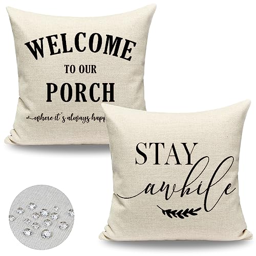 JOJOGOGO Welcome to Our Porch Stay Awhile Pillows Outdoor Pillow Covers 18x18 Waterproof Set of 2 Farmhouse Porch Decor Patio Decorative Throw Pillows 18 x 18 (No Inserts)