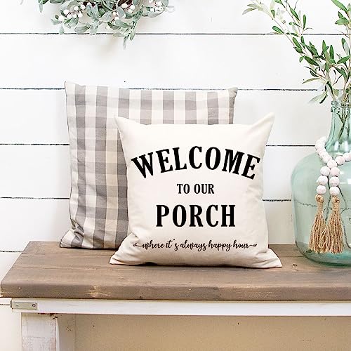 JOJOGOGO Welcome to Our Porch Stay Awhile Pillows Outdoor Pillow Covers 18x18 Waterproof Set of 2 Farmhouse Porch Decor Patio Decorative Throw Pillows 18 x 18 (No Inserts)