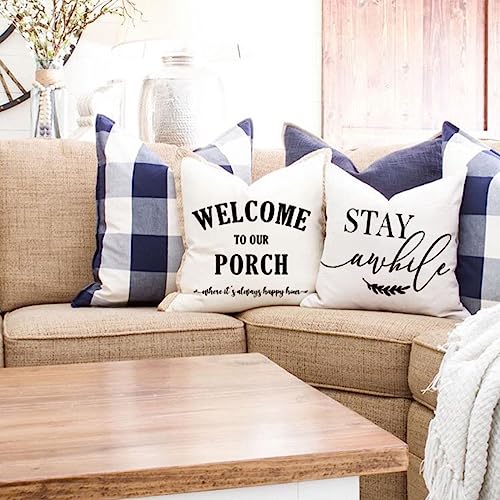 JOJOGOGO Welcome to Our Porch Stay Awhile Pillows Outdoor Pillow Covers 18x18 Waterproof Set of 2 Farmhouse Porch Decor Patio Decorative Throw Pillows 18 x 18 (No Inserts)