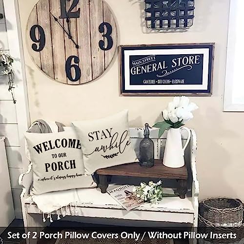 JOJOGOGO Welcome to Our Porch Stay Awhile Pillows Outdoor Pillow Covers 18x18 Waterproof Set of 2 Farmhouse Porch Decor Patio Decorative Throw Pillows 18 x 18 (No Inserts)