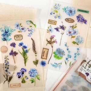 2 Sheets Vintage Rub on Transfer Flower Leaves Stickers 2 Sheet Linen, Clear Rub on Transfer Floral Stickers Decals for Wood Crafts Wine Glass Fabric Scrapbooking Furniture Journaling Cloth(Blue)