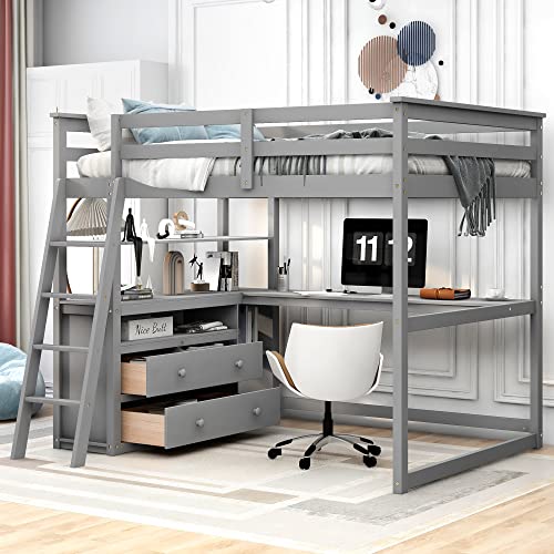 BIADNBZ Full Size Loft Bed with Long Desk and Shelves,Wooden Bedframe with Two Built-in Drawers for Bedroom,