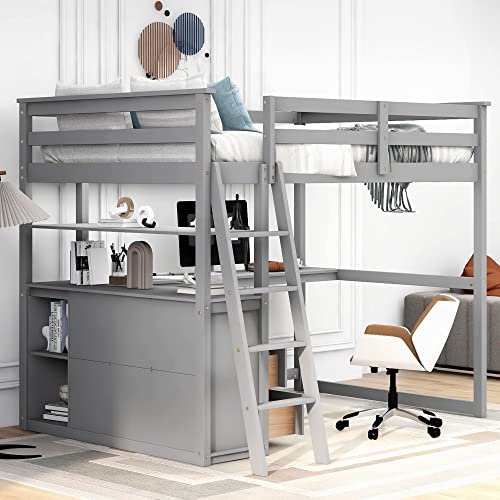 BIADNBZ Full Size Loft Bed with Long Desk and Shelves,Wooden Bedframe with Two Built-in Drawers for Bedroom,