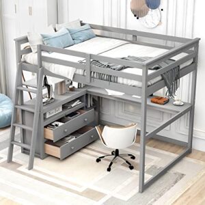 BIADNBZ Full Size Loft Bed with Long Desk and Shelves,Wooden Bedframe with Two Built-in Drawers for Bedroom,